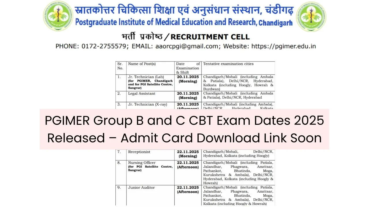 PGIMER Group B and C CBT Exam Dates 2025 Released – Admit Card Download ...
